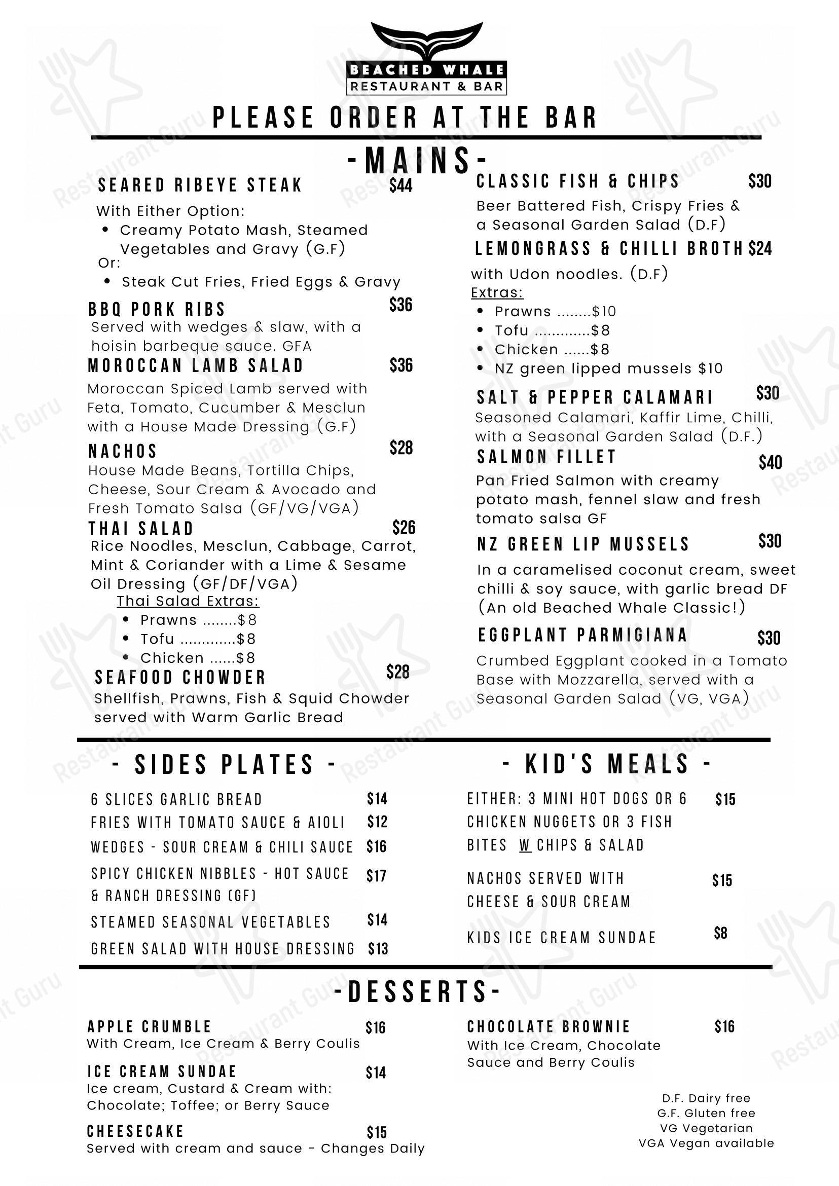 Menu at Beached Whale Restaurant & Bar, Kaiteriteri
