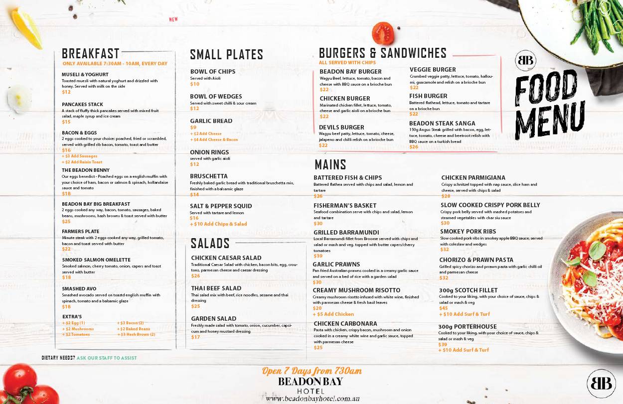 Menu at Beadon Bay Hotel pub & bar, Onslow