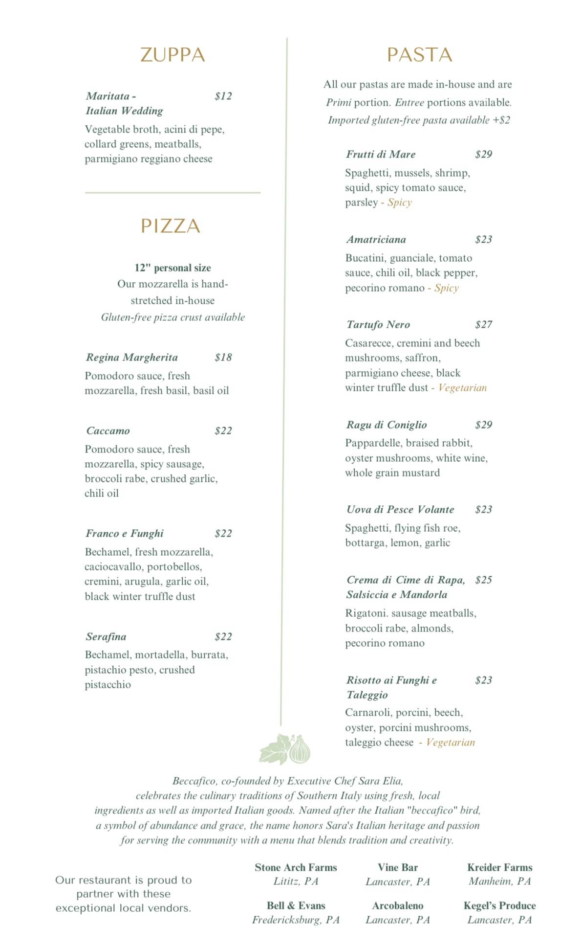 Menu at Beccafico restaurant, Lititz