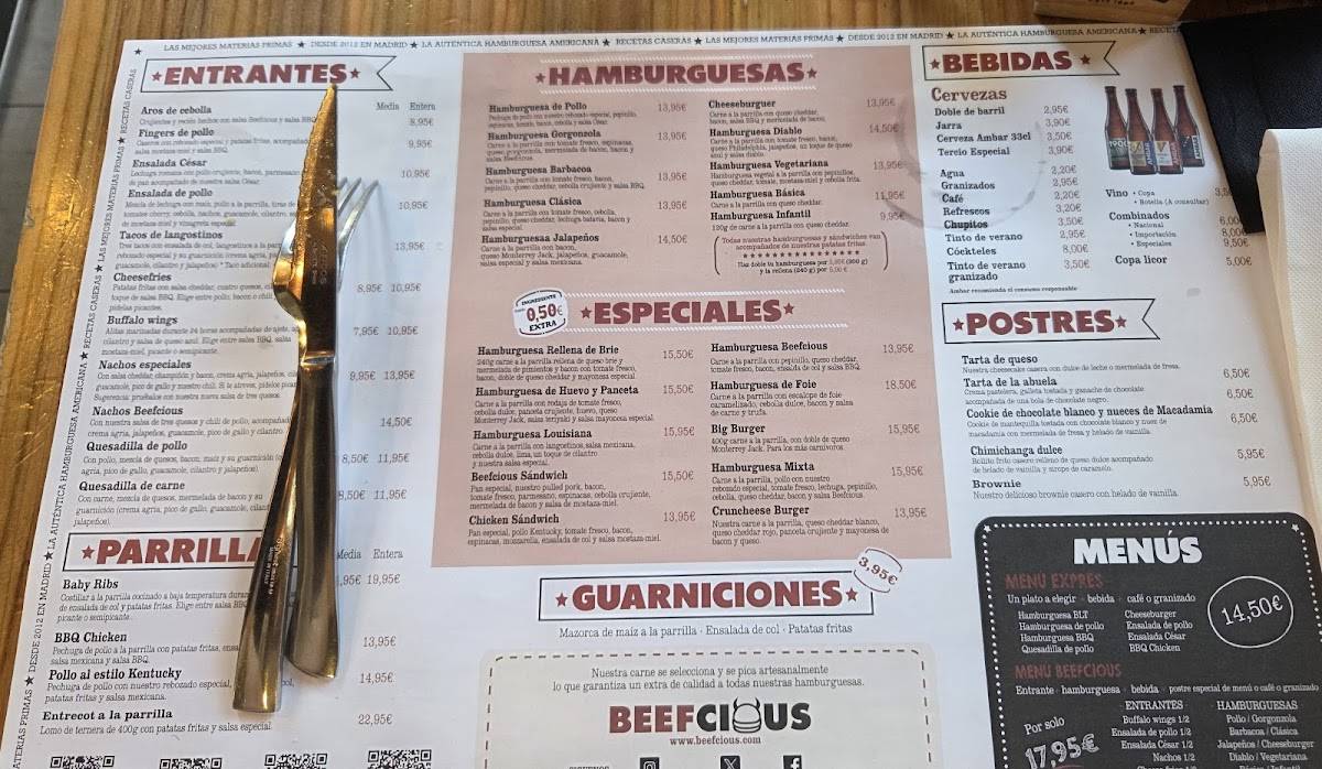 Carta del restaurante Beefcious Las Tablas, Madrid, P.º del la Tierra del Melide