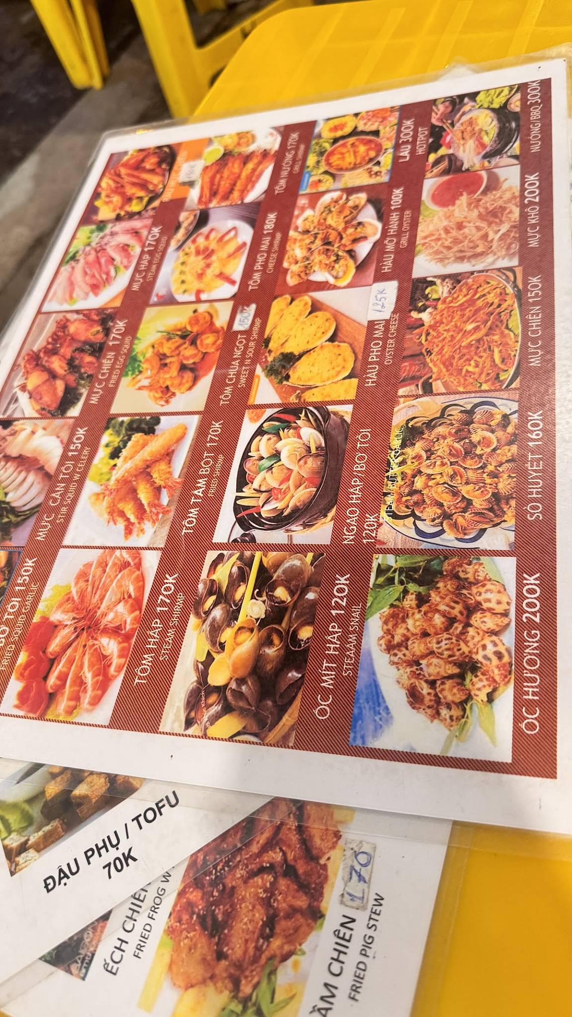 Menu at Beer Phúc Lâm restaurant, Hanoi