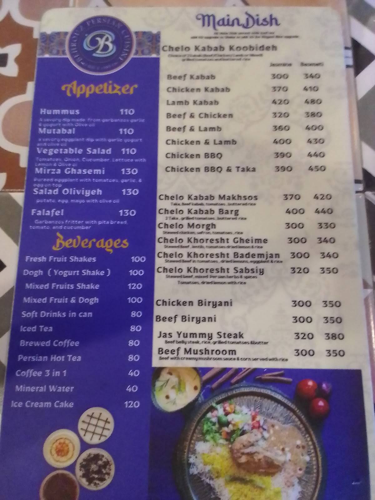 Menu at Behrouz Persian Cuisine restaurant, Quezon City, 50 Sct. Tobias St