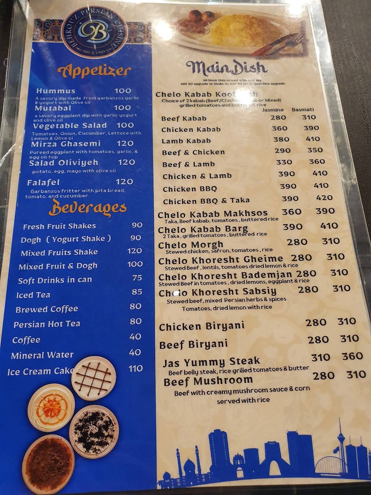 Menu at Behrouz Persian Cuisine restaurant, Quezon City, 50 Sct. Tobias St