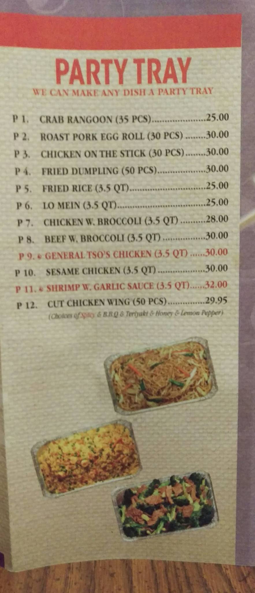 Menu at Beijing restaurant, Luling