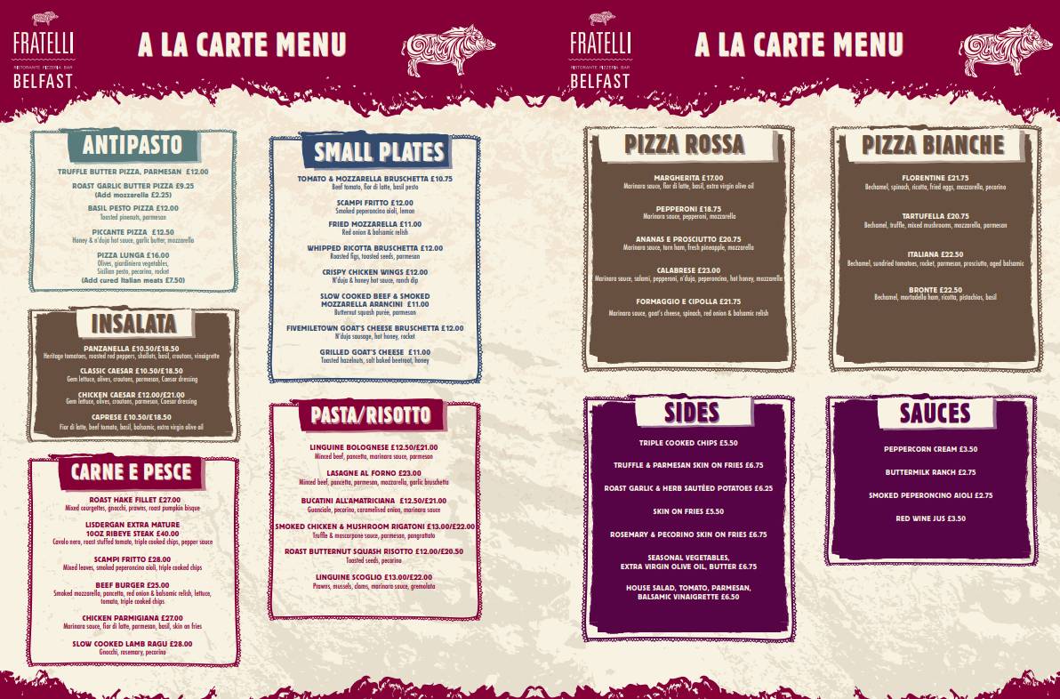 Menu at Fratelli restaurant, Belfast