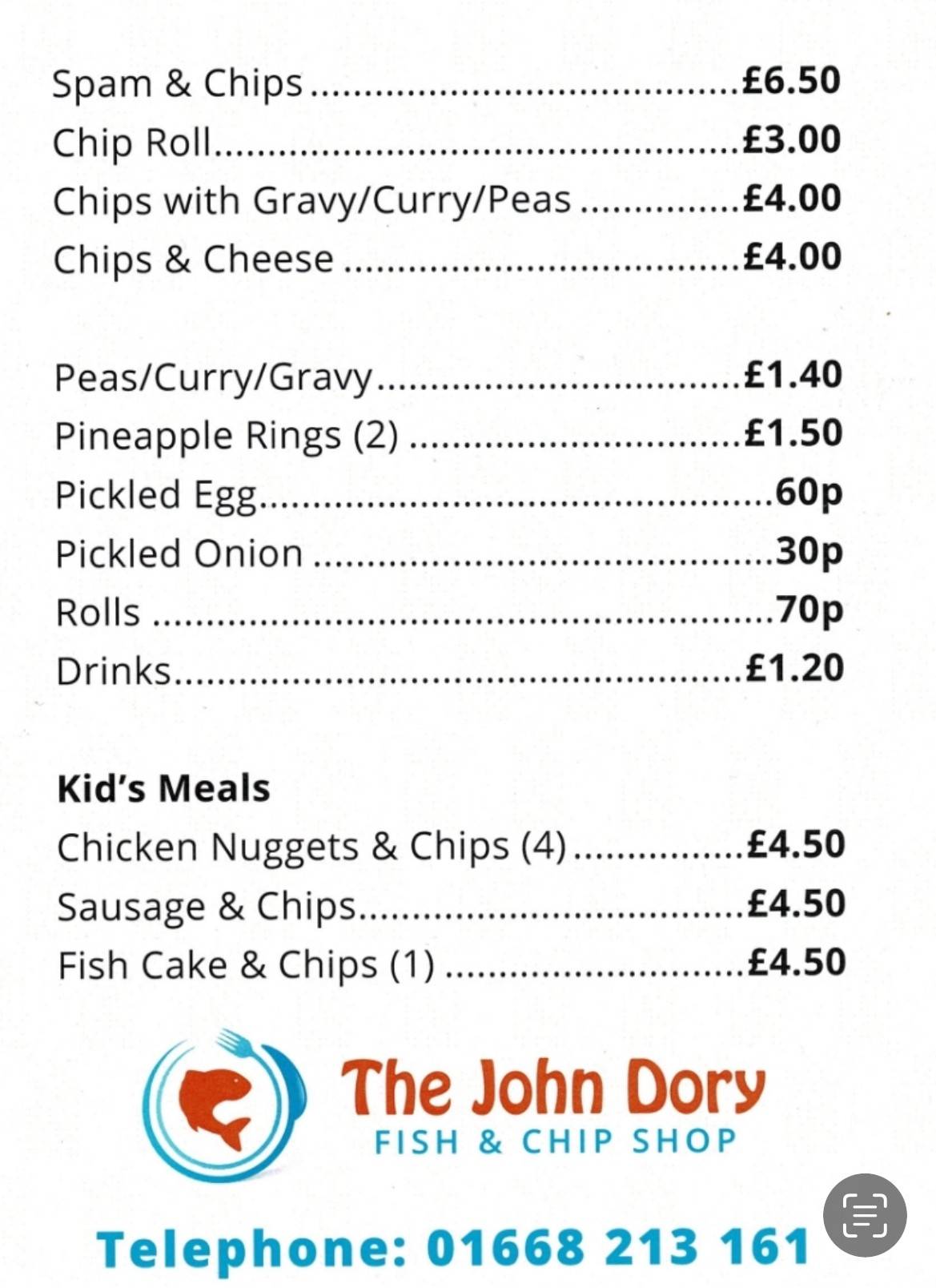 Menu at The John Dory fast food, Belford