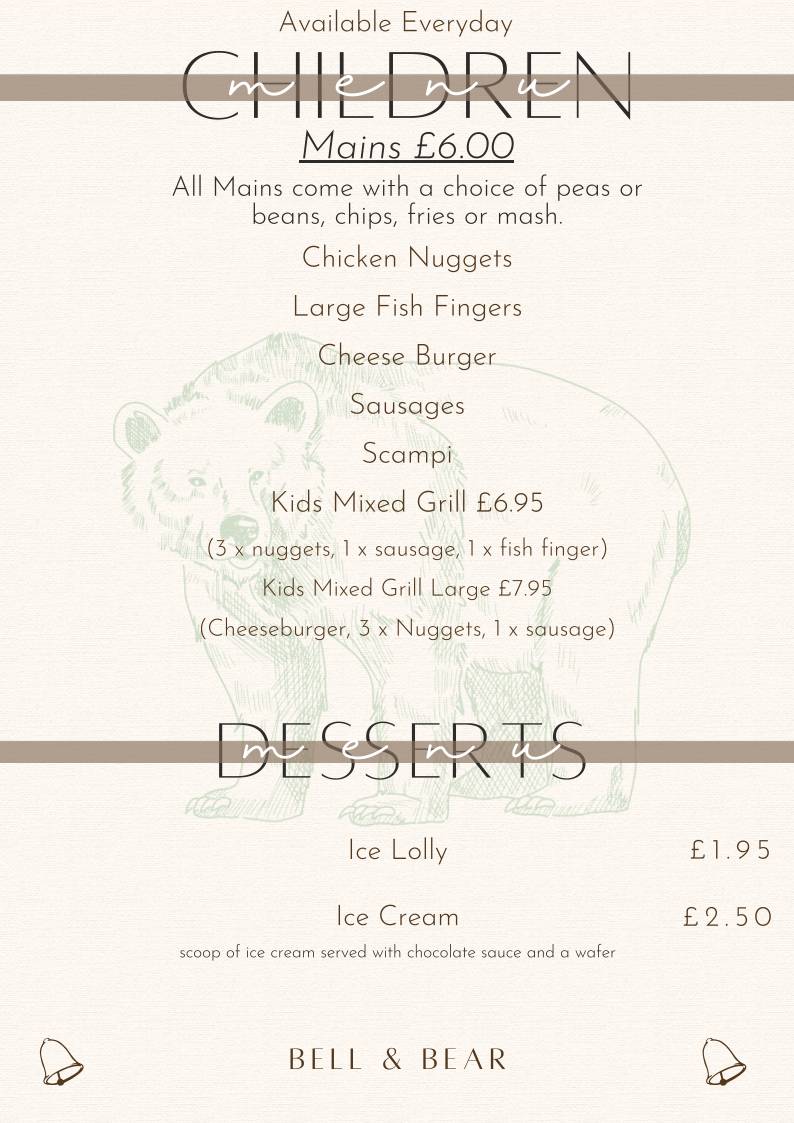 Menu at Bell & Bear Inn pub & bar, Rowley Regis