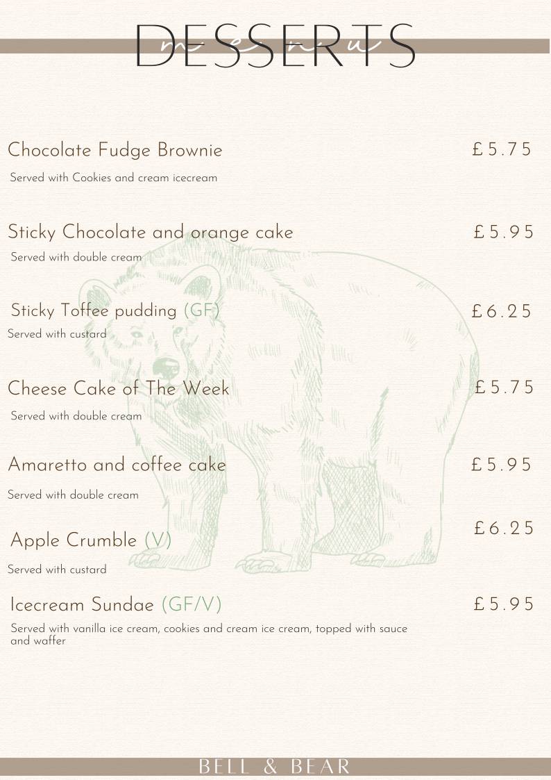 Menu at Bell & Bear Inn pub & bar, Rowley Regis