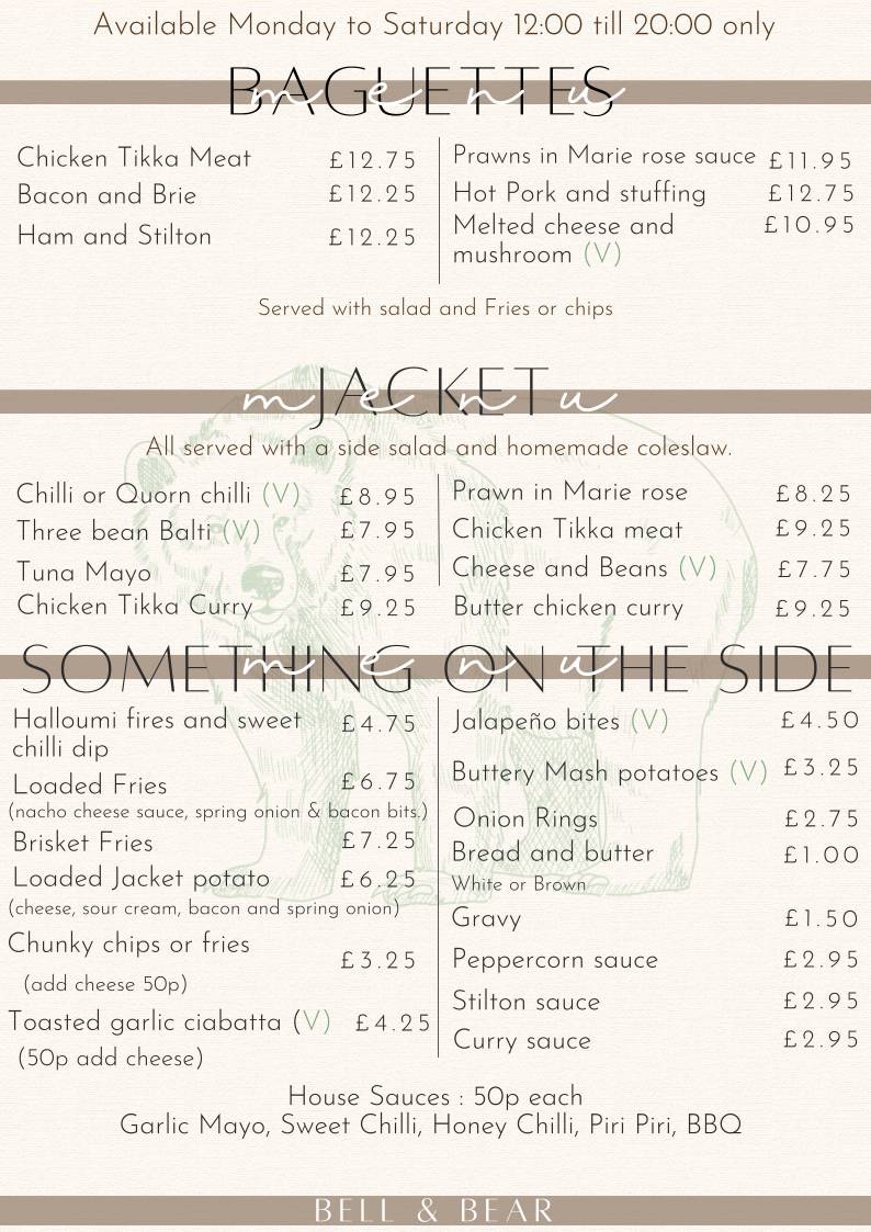 Menu at Bell & Bear Inn pub & bar, Rowley Regis