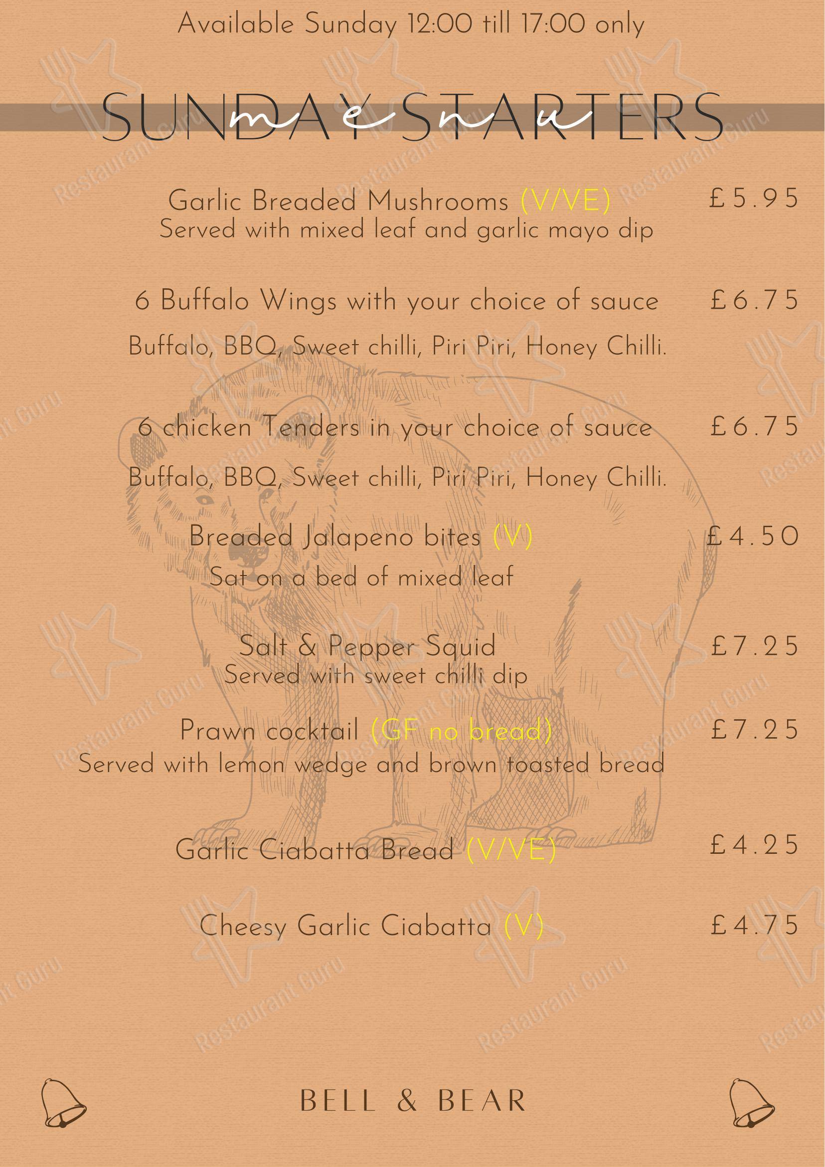 Menu at Bell & Bear Inn pub & bar, Rowley Regis