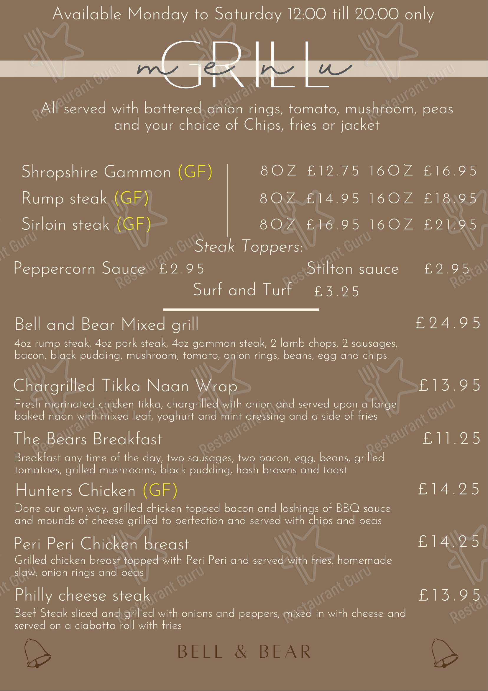 Menu at Bell & Bear Inn pub & bar, Rowley Regis