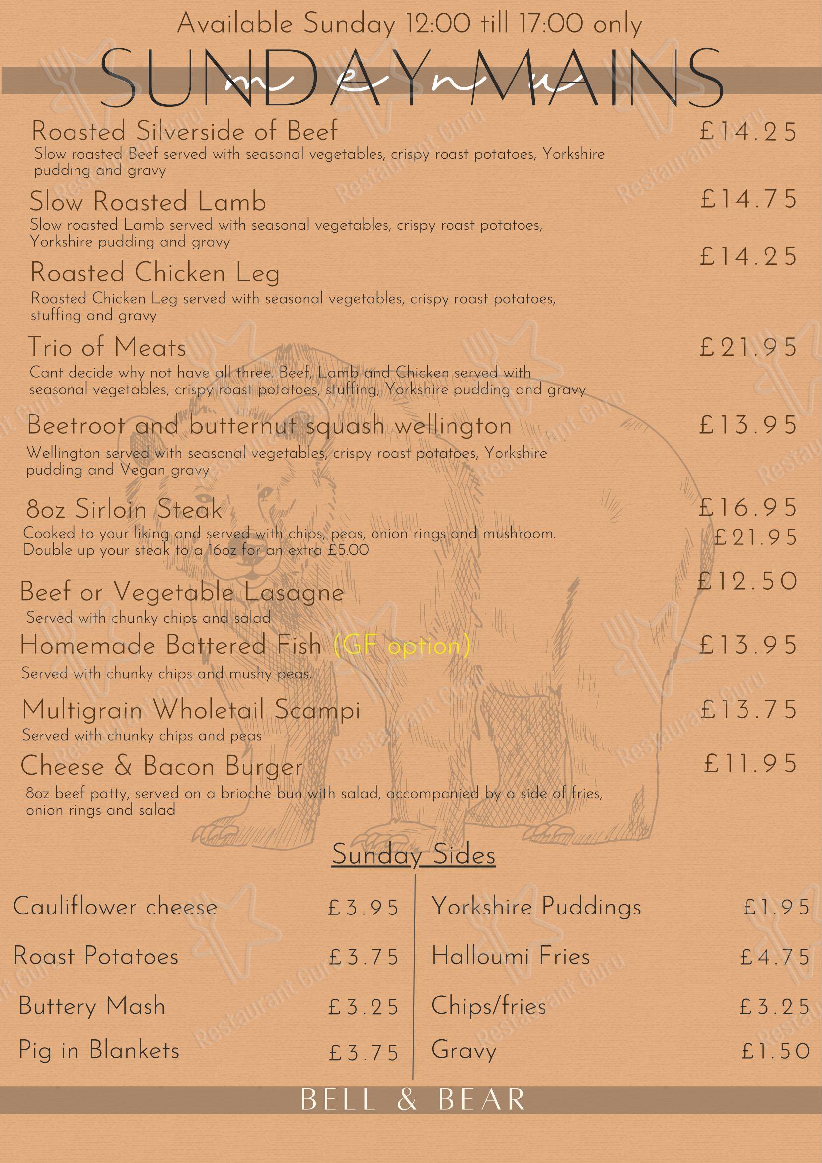 Menu at Bell & Bear Inn pub & bar, Rowley Regis
