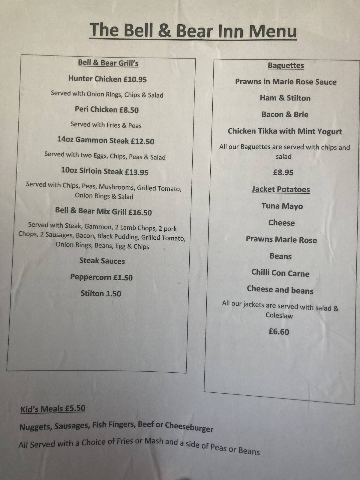 Menu at Bell & Bear Inn pub & bar, Rowley Regis