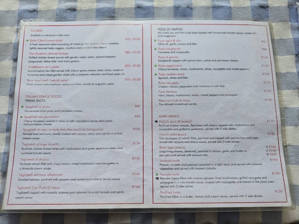 Menu at Bella Cibo restaurant, Oudtshoorn, 79 St Saviour St