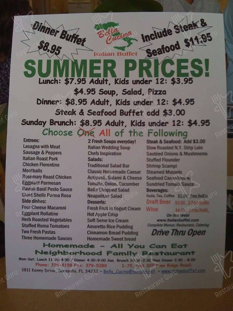 Menu at Bella Cucina restaurant, Sarasota