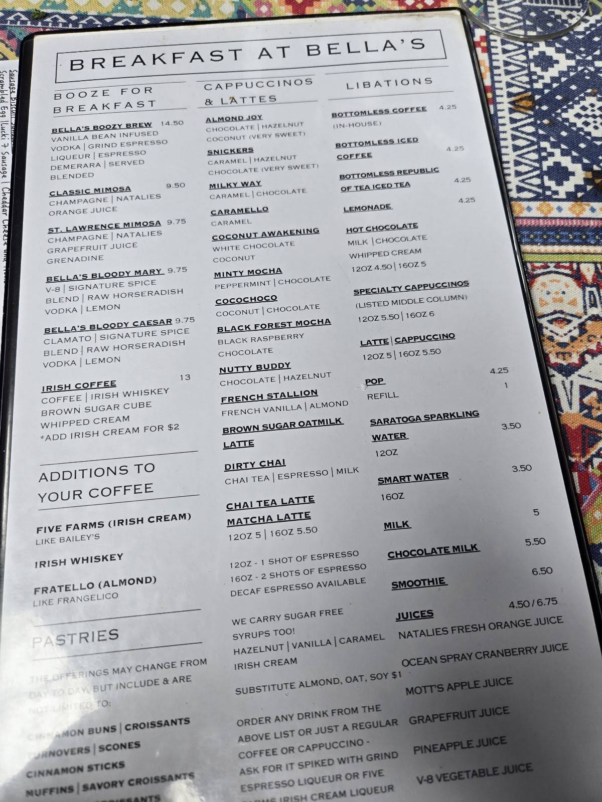 Menu at Bella's restaurant, Clayton