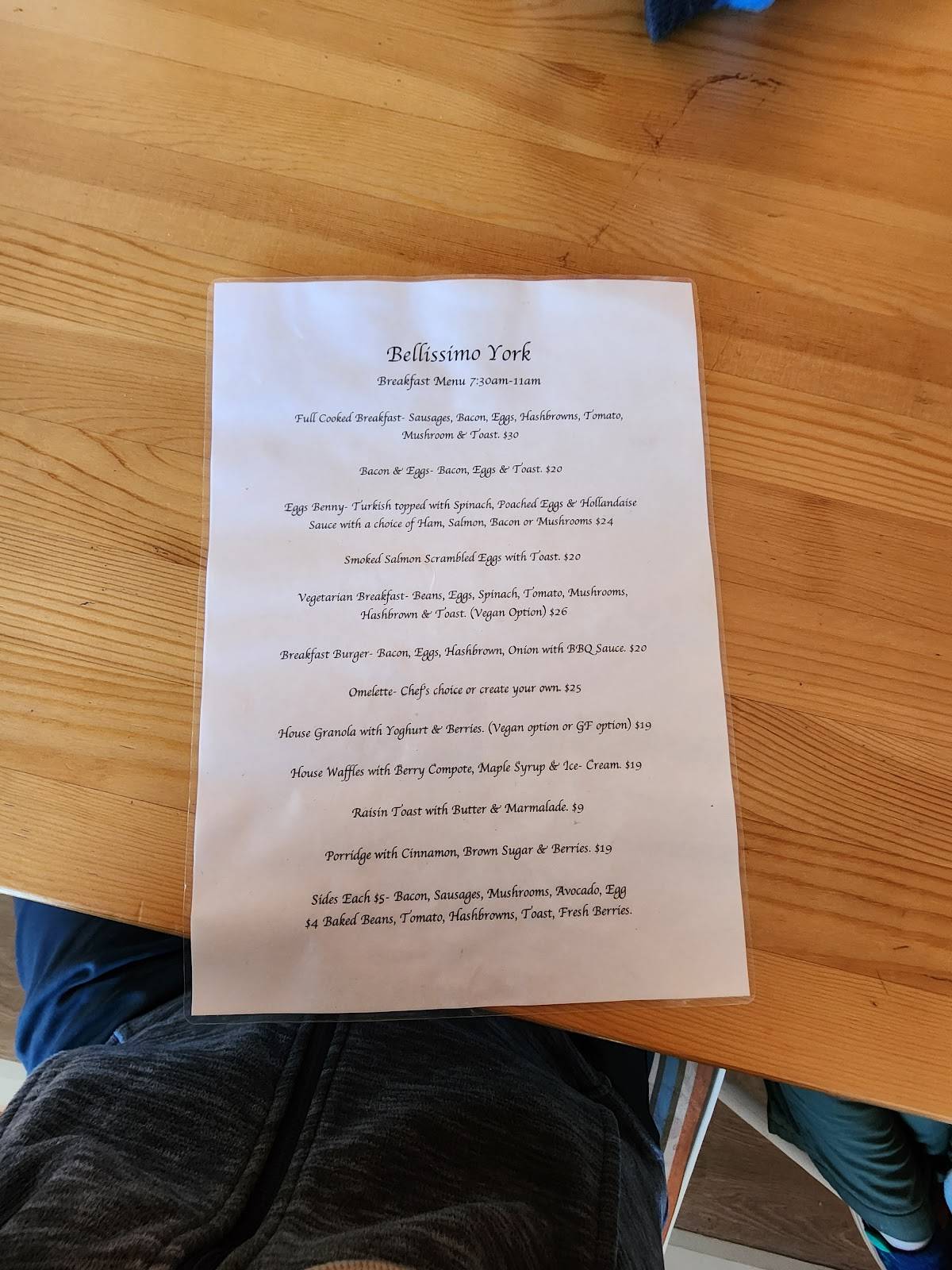 Menu at Bellissimo York restaurant, York