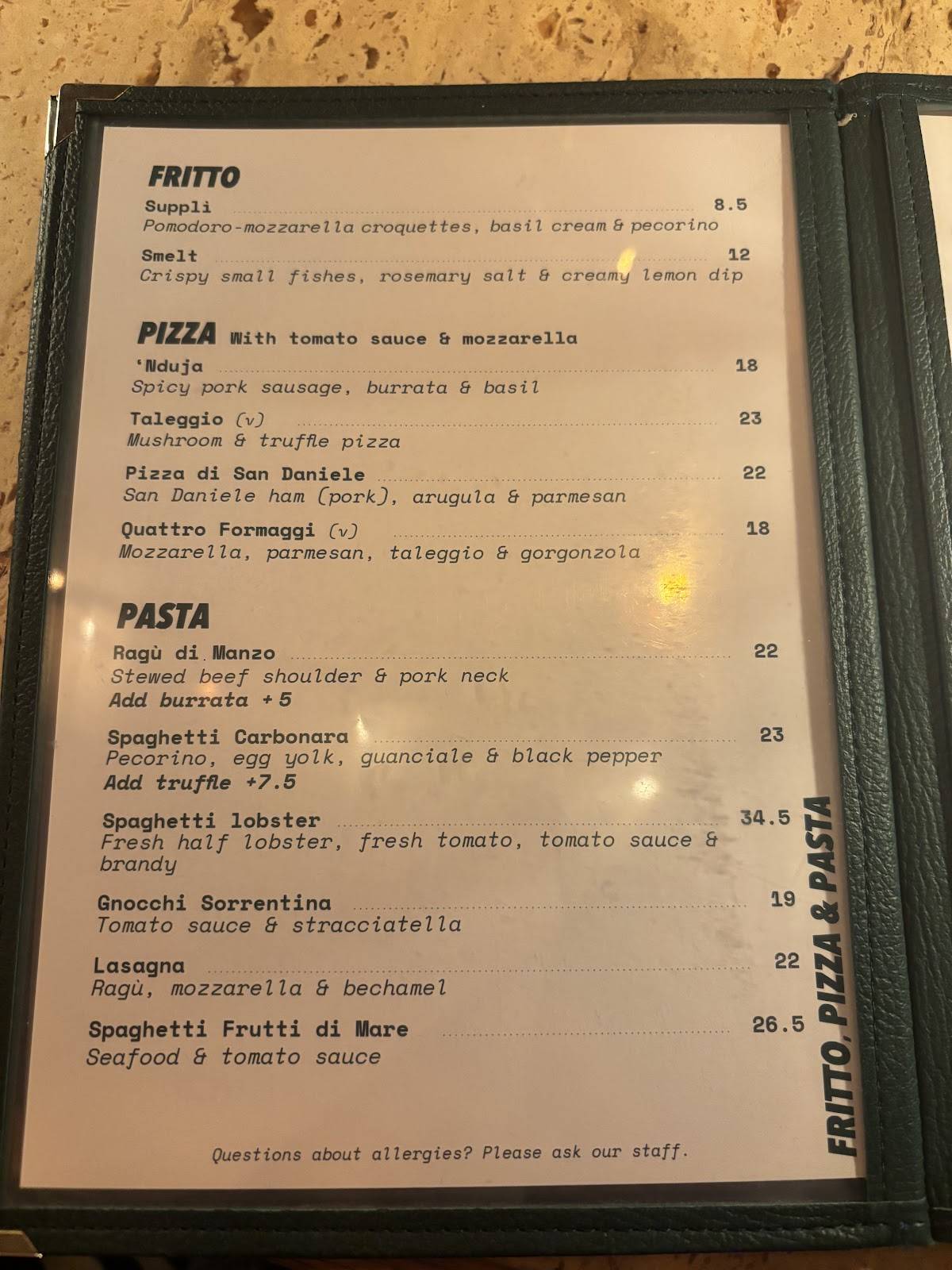 Menu at Bello Gio's by the River, Amsterdam