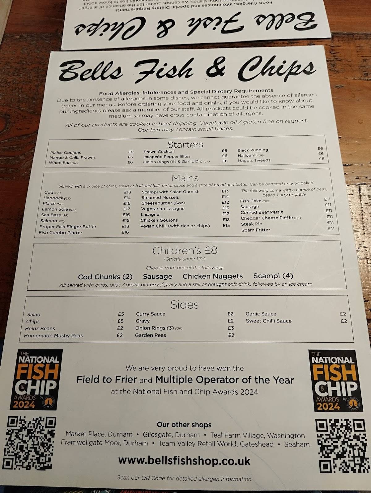 Menu at Bells Fish and Chips restaurant, Durham