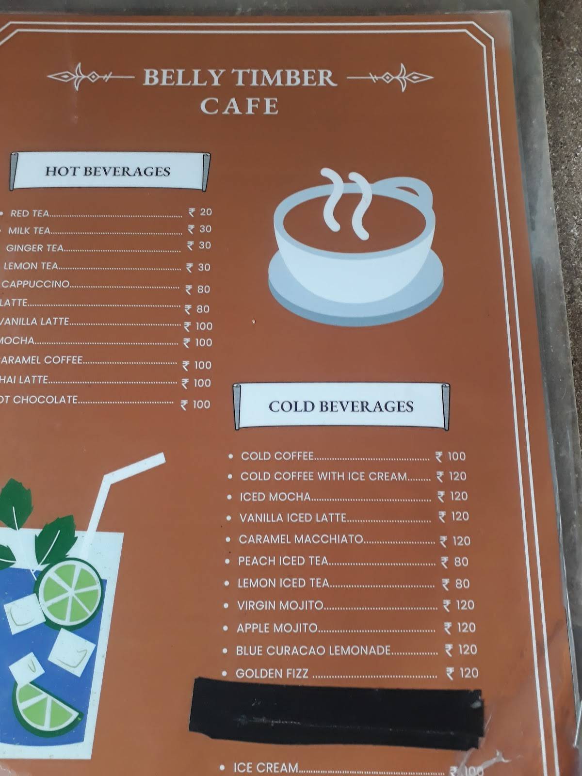 Menu at Belly Timber, Jowai
