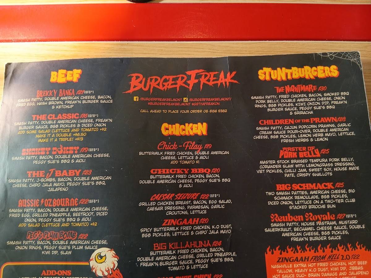 Menu at BurgerFreak Belmont restaurant, Belmont