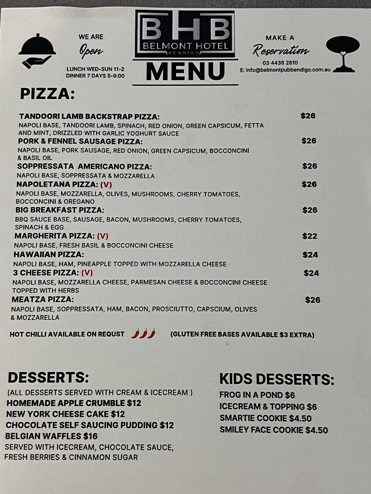 Menu at Belmont Hotel Bendigo pub & bar, Bendigo