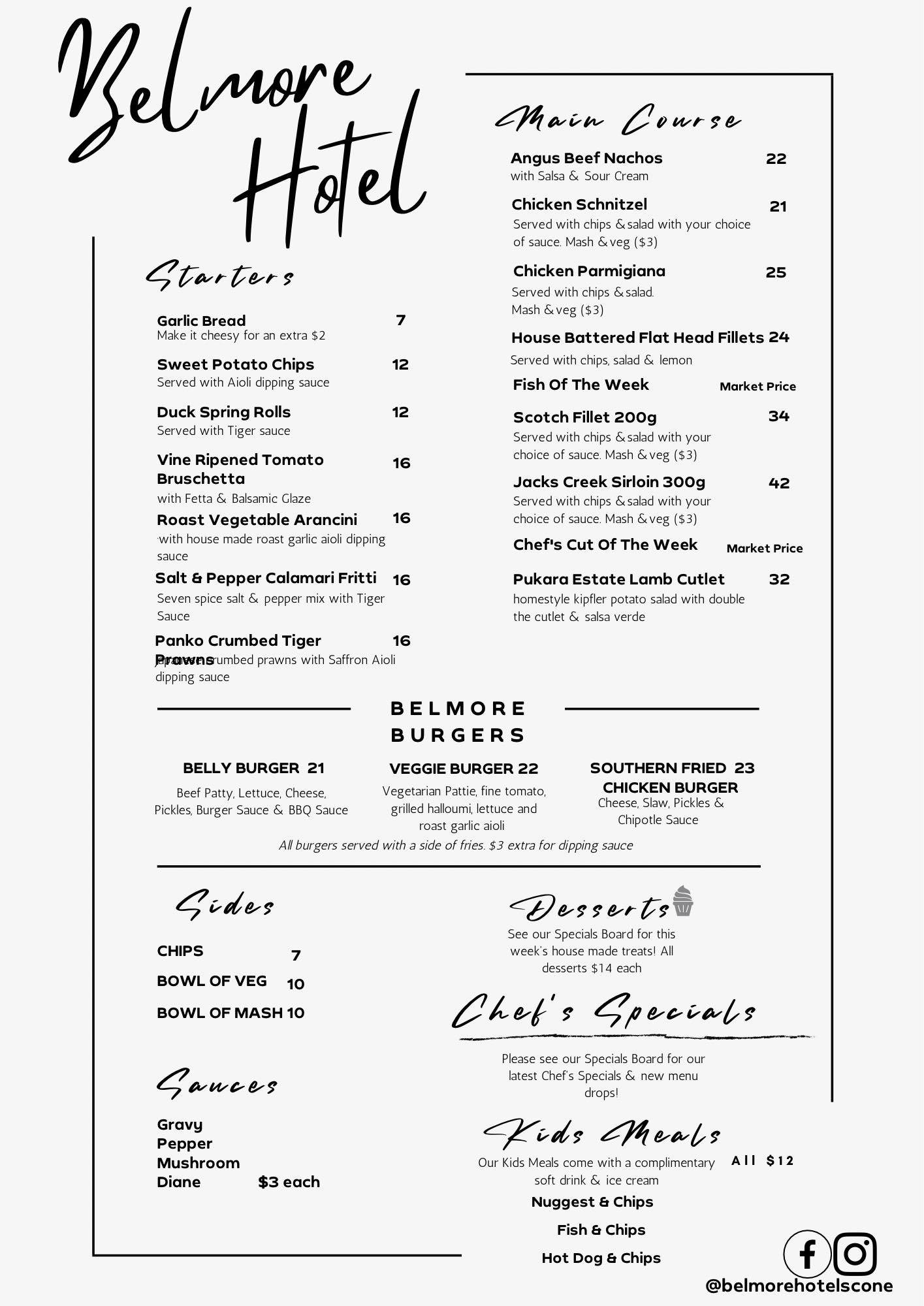 Menu at Belmore Hotel Scone pub & bar, Scone