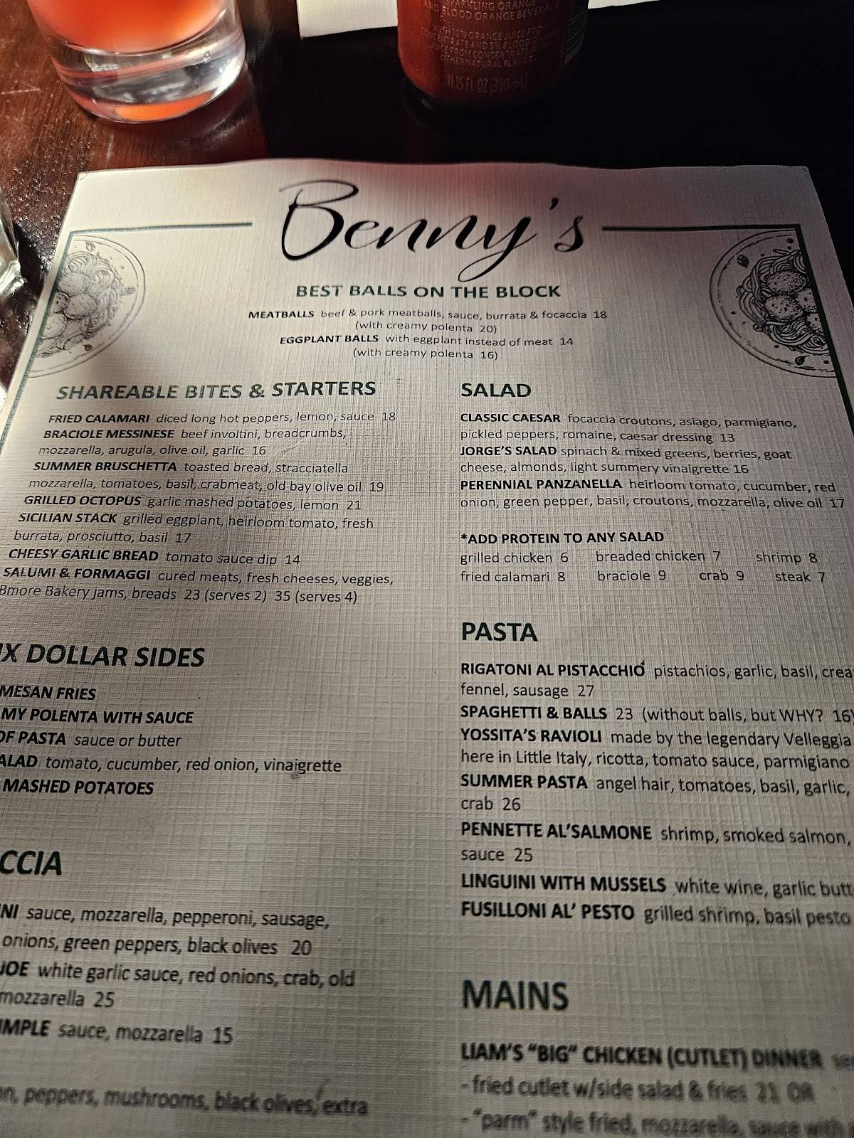 Menu at Benny's (Formerly Joe Benny’s) pub & bar, Baltimore