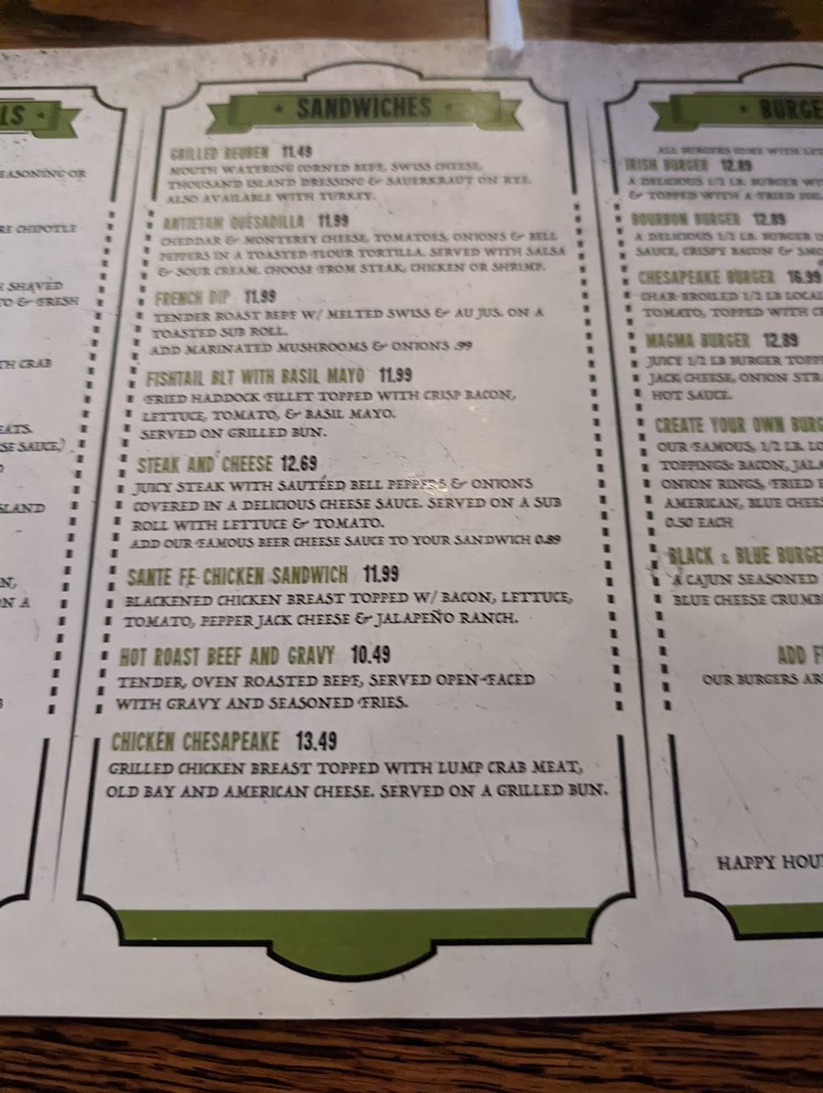 Menu at Benny's Pub, Hagerstown