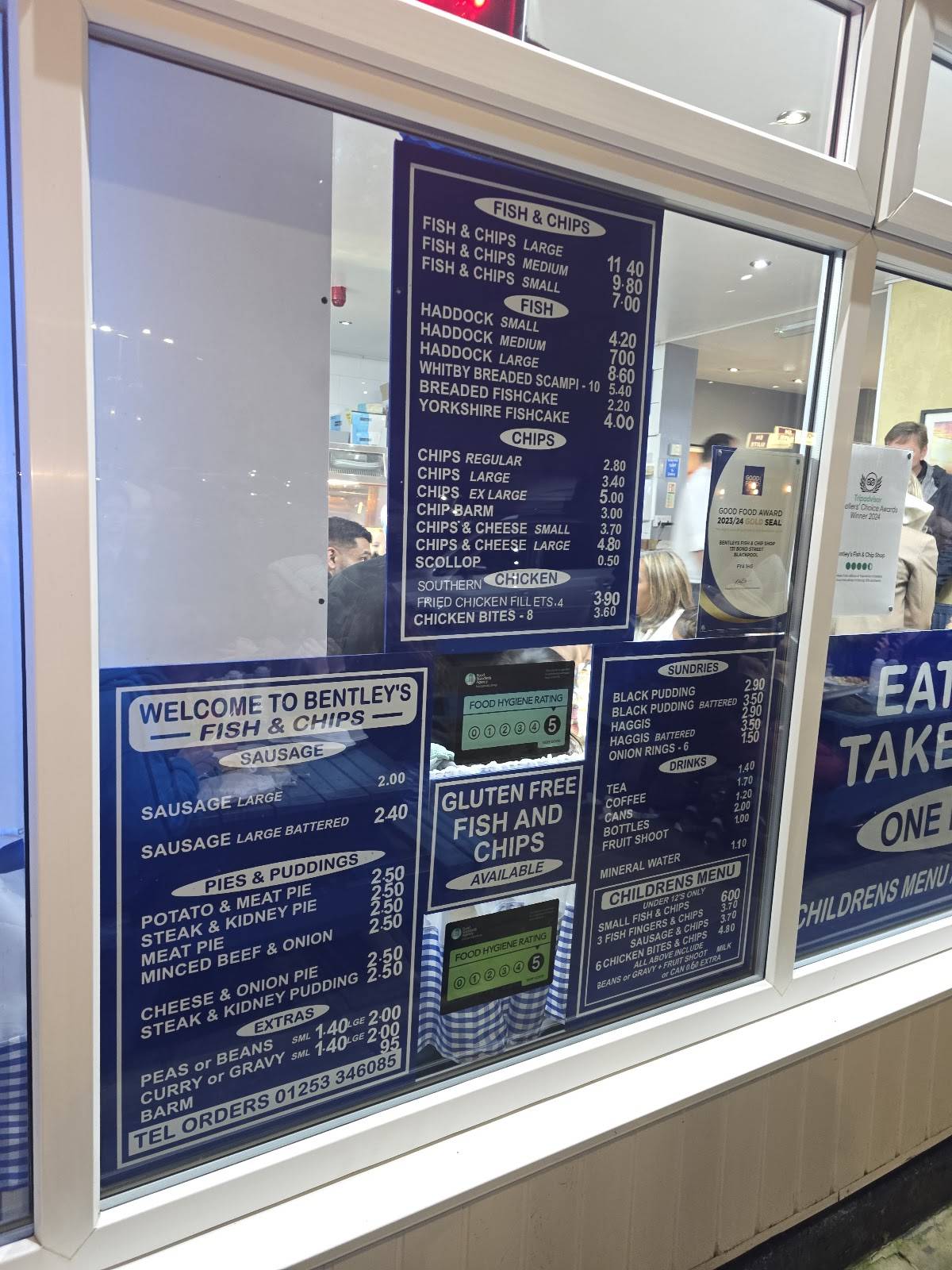 Menu at Bentley's Fish & Chip Shop restaurant, Blackpool