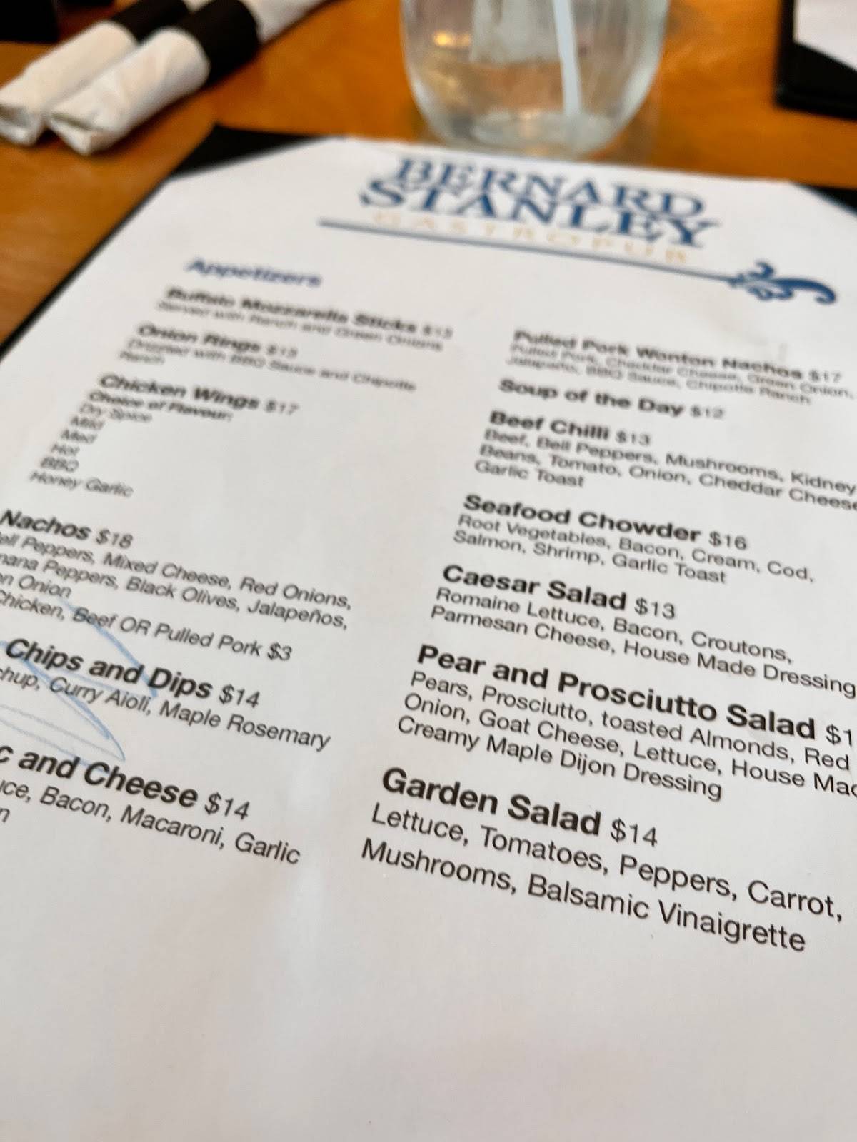 Menu at Bernard Stanley Gastropub, Conception Bay South