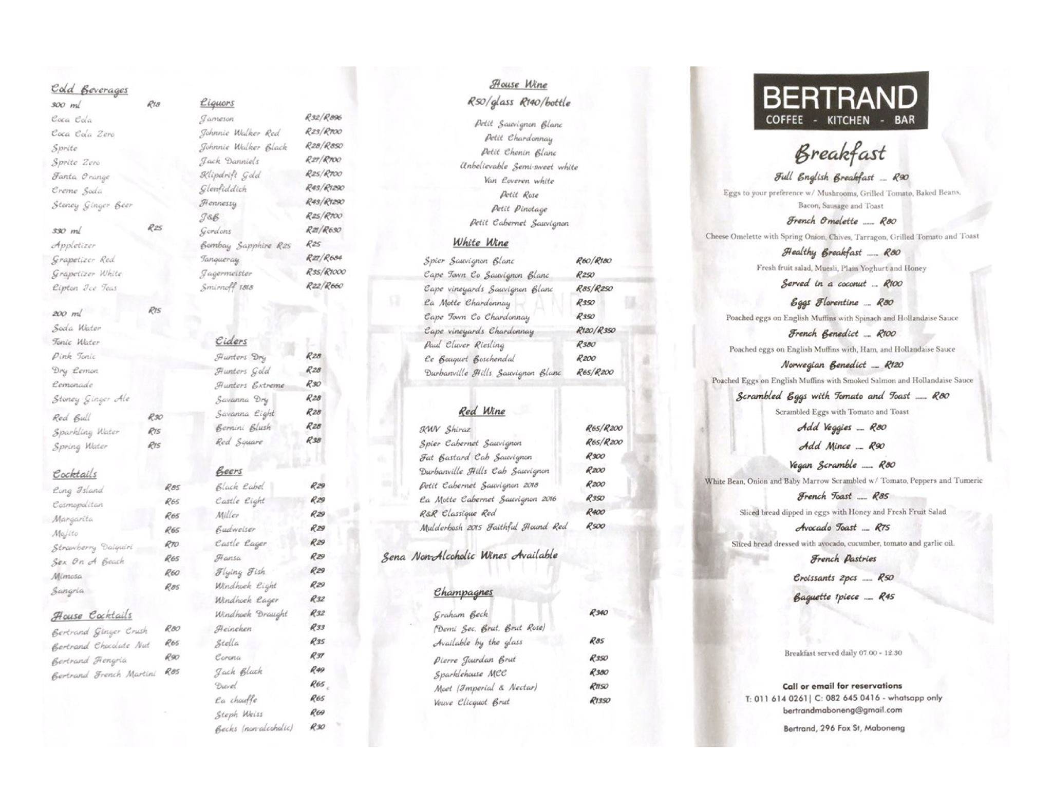Menu at Bertrand Café restaurant, Johannesburg