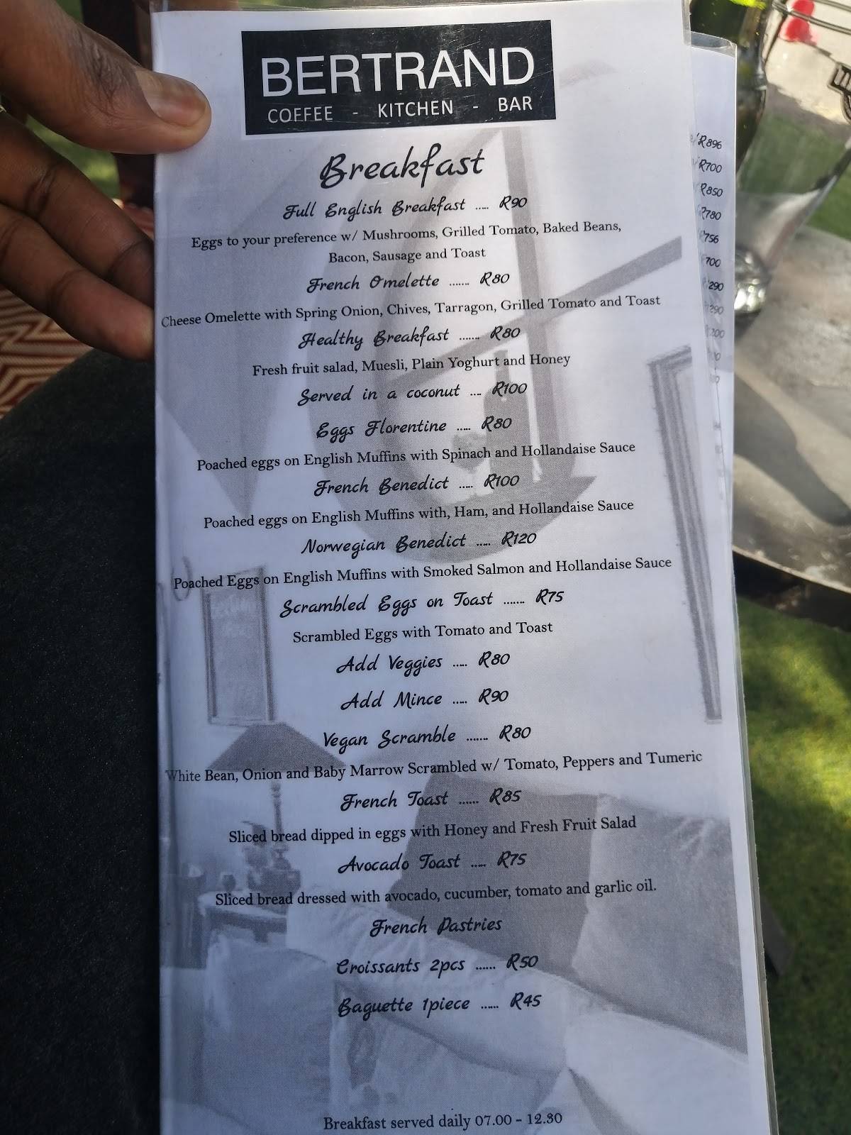 Menu at Bertrand Café cafe, Johannesburg