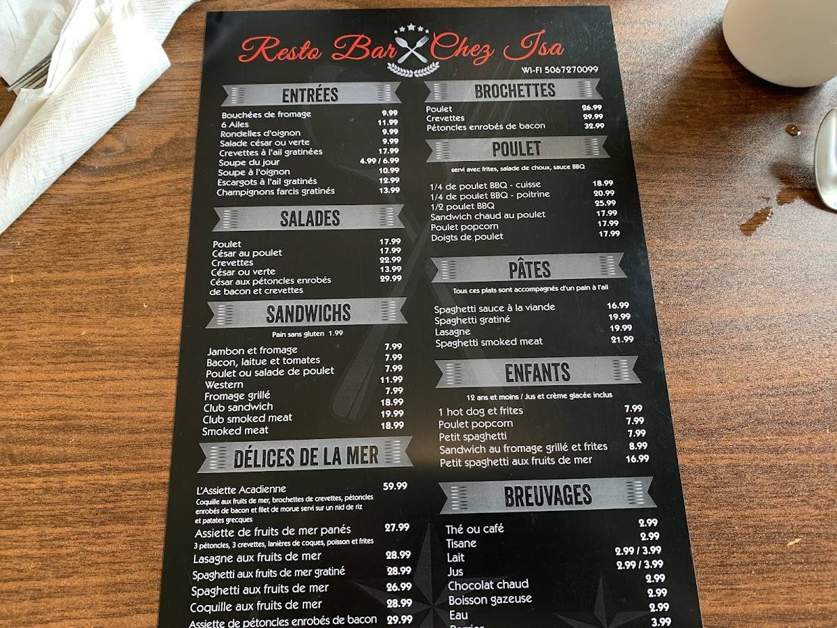 Menu au Resto Chez Isa restaurant, Bertrand