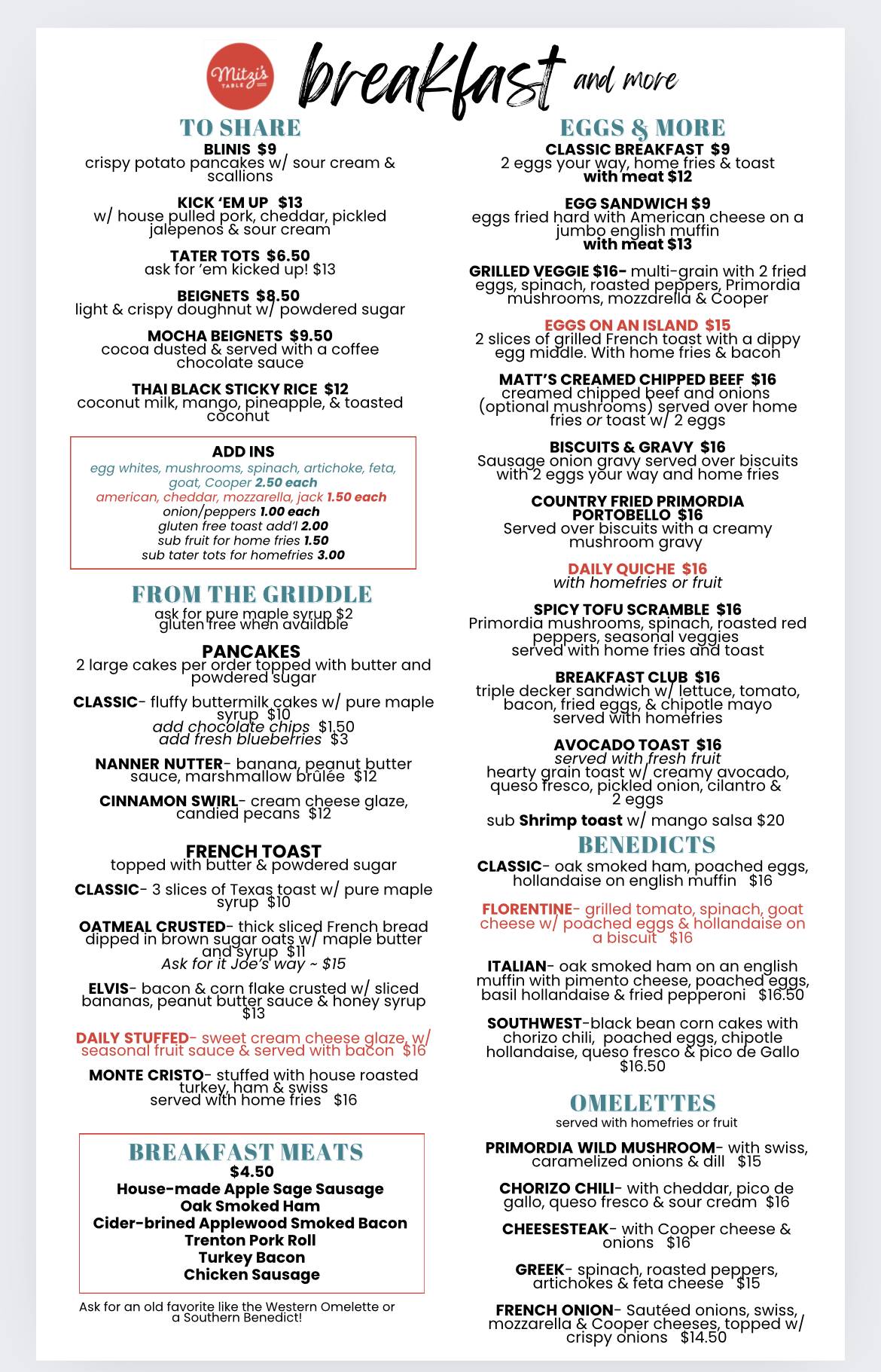 Menu at Mitzi's Table restaurant, Bethlehem