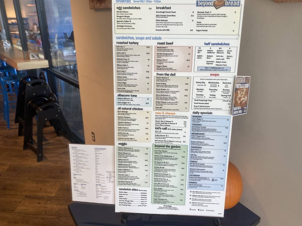 Menu at Beyond Bread restaurant, Tucson, N Campbell Ave