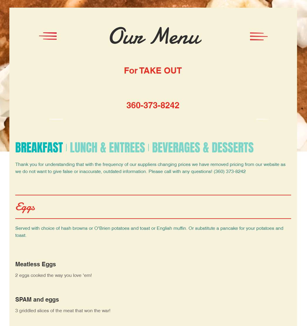 Menu at Big Apple Diner restaurant, Bremerton