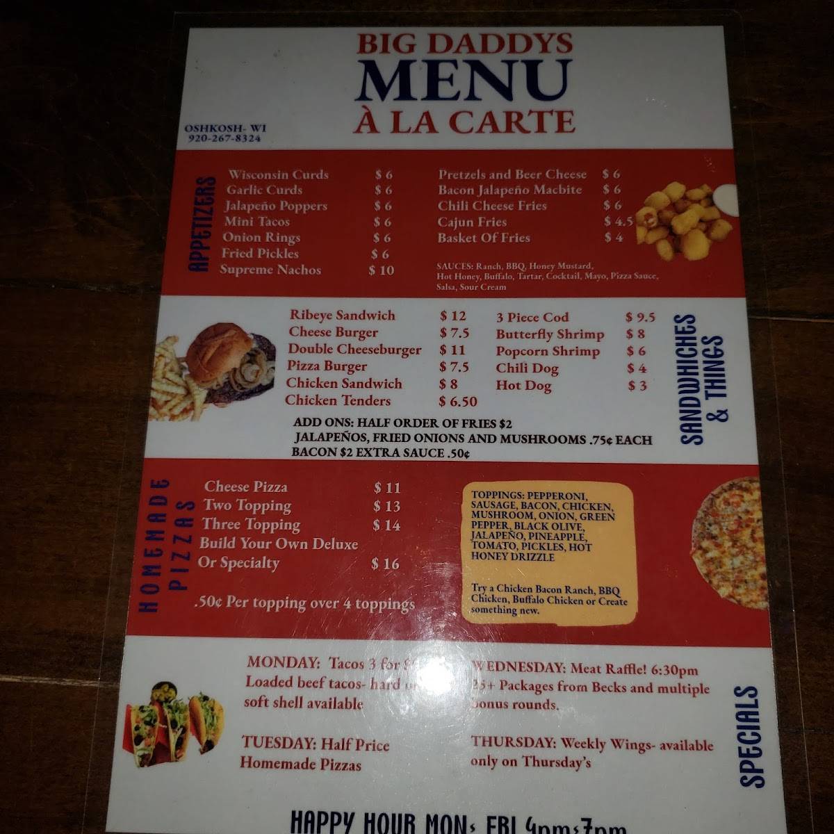 Menu at Big Daddy's Pub & Grub, Oshkosh, 300 W South Park Ave
