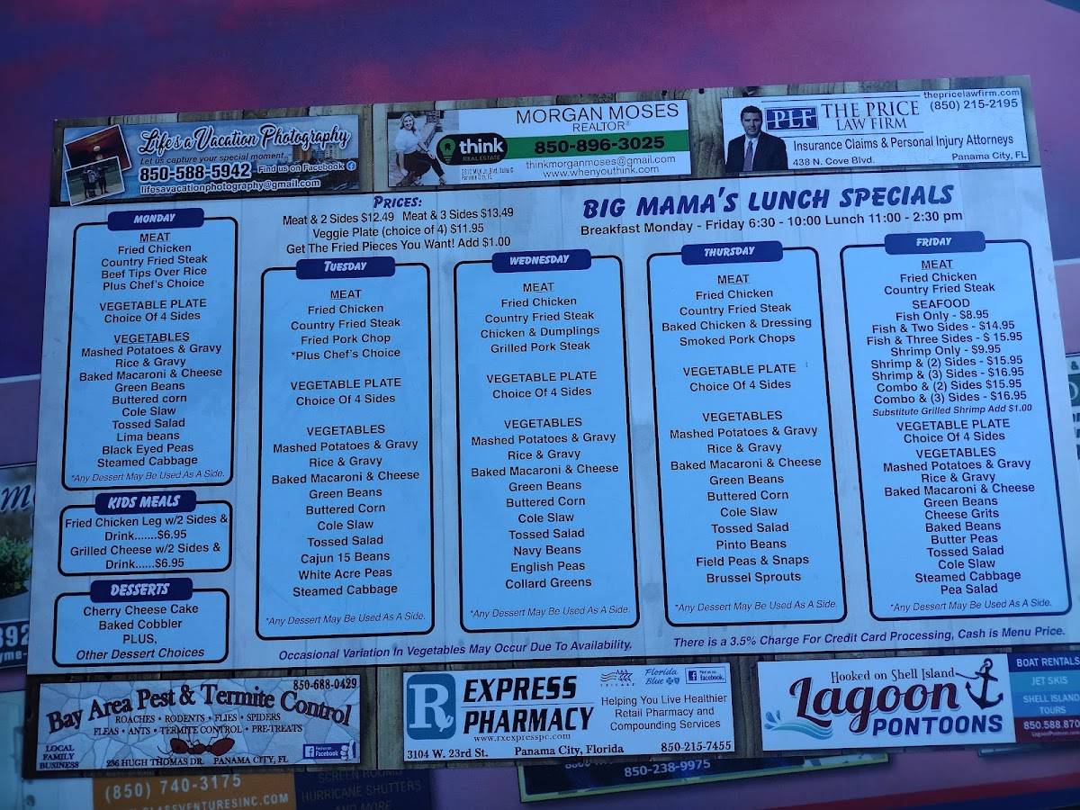Menu at Big Mama's on the Bayou restaurant, Panama City, 620 W Beach Dr