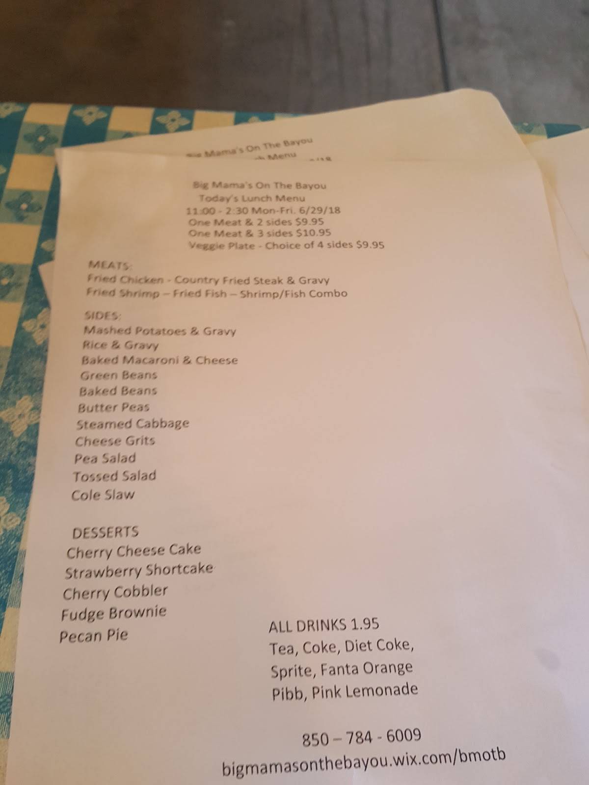 Menu at Big Mama's on the Bayou restaurant, Panama City, 620 W Beach Dr