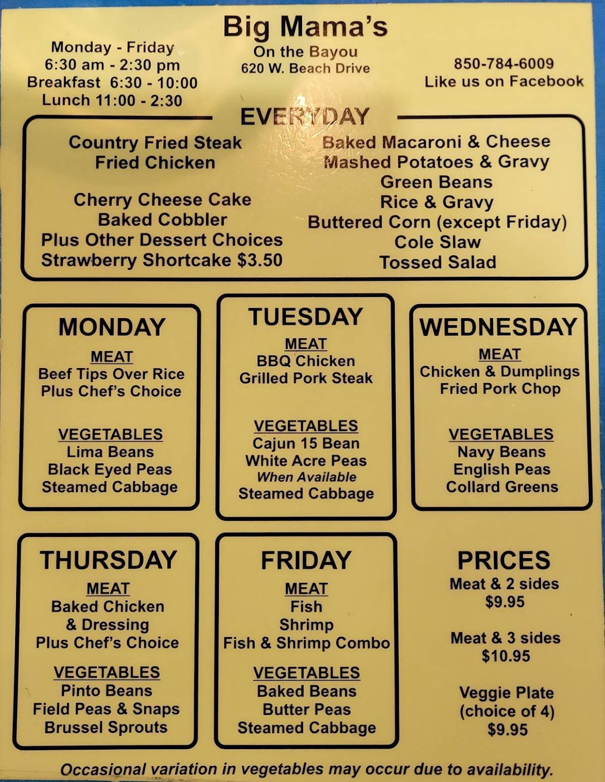 Menu at Big Mama's on the Bayou restaurant, Panama City, 620 W Beach Dr