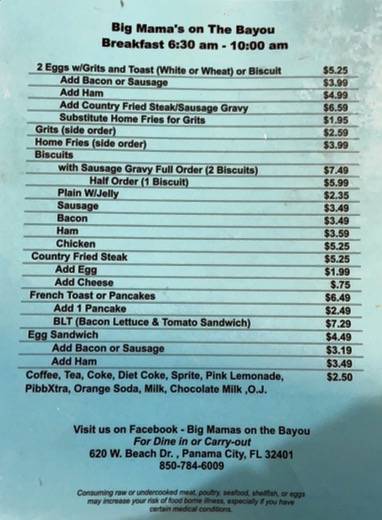 Menu at Big Mama's on the Bayou restaurant, Panama City, 620 W Beach Dr