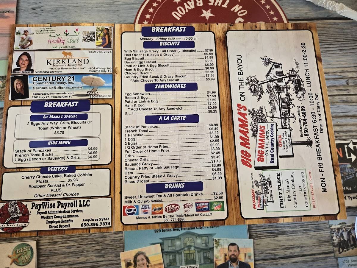 Menu at Big Mama's on the Bayou restaurant, Panama City, 620 W Beach Dr