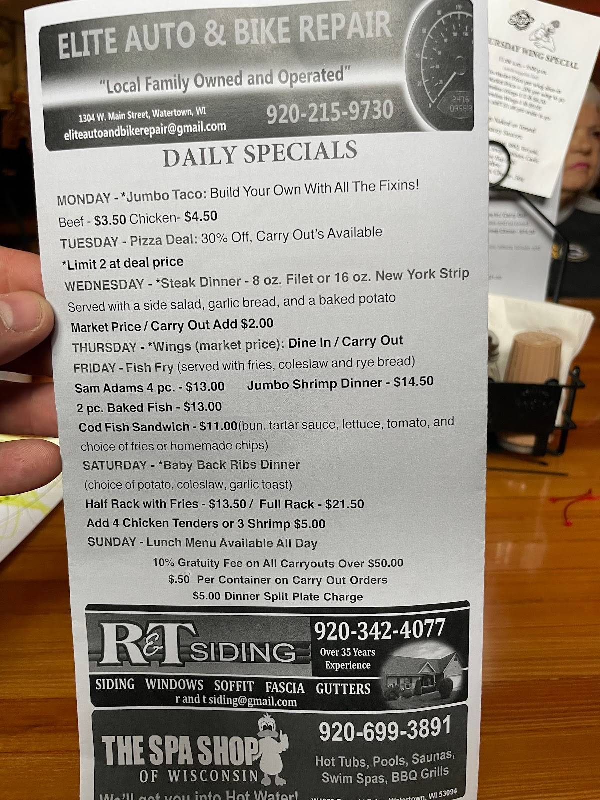 Menu at Bigg's Bar & Grill, Watertown