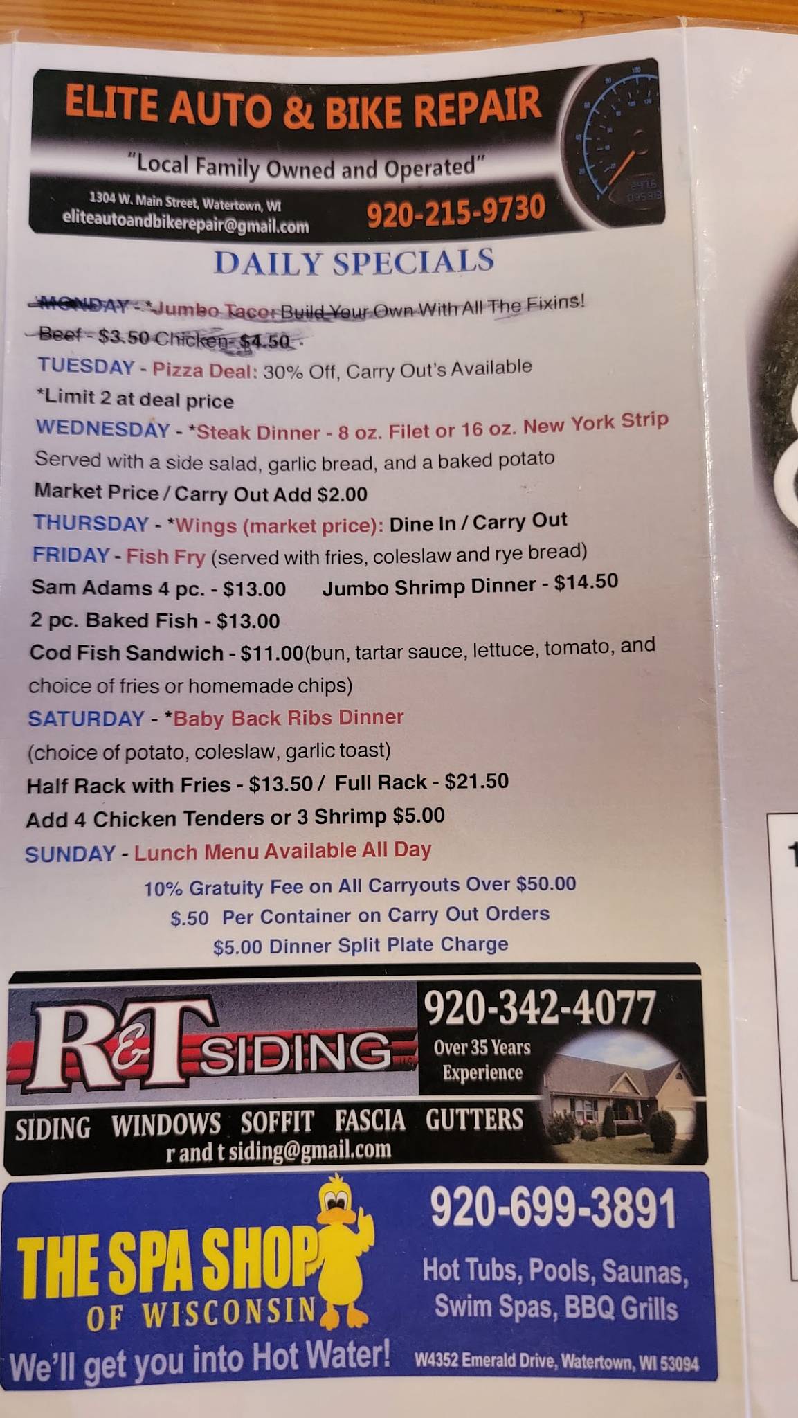 Menu at Bigg's Bar & Grill, Watertown