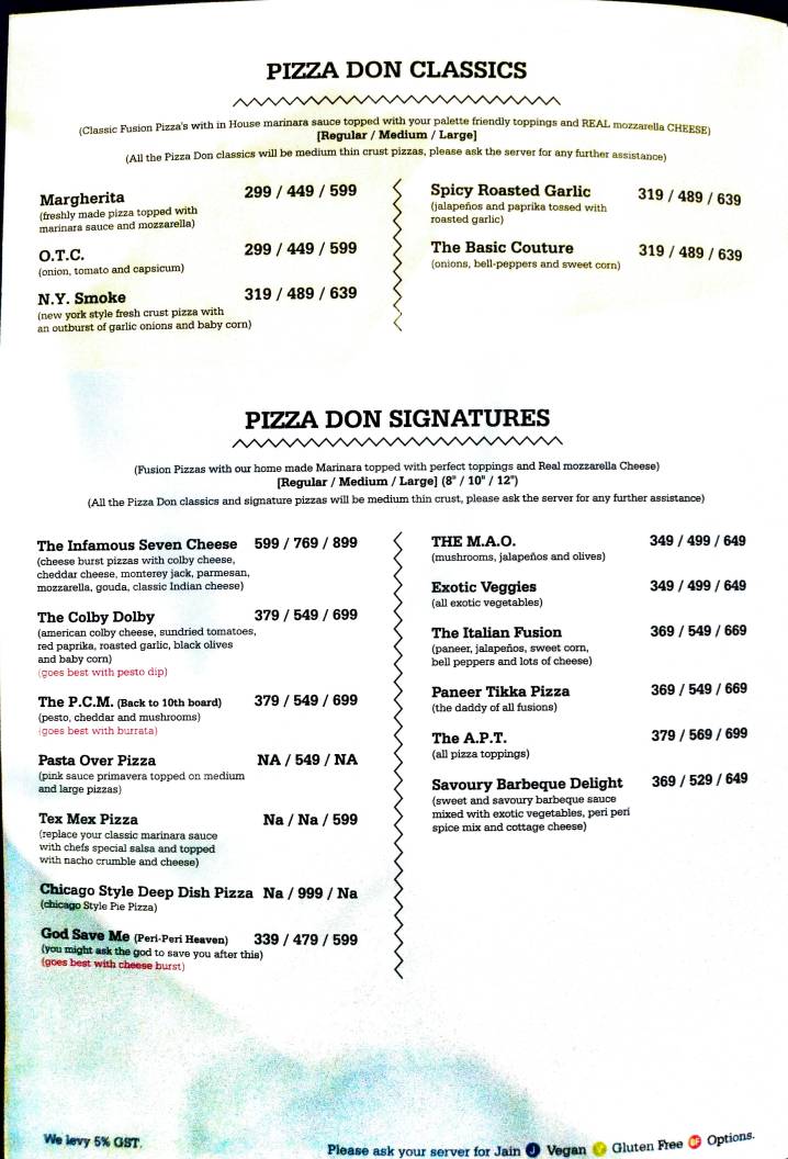 Menu at Billie Jean, Indore