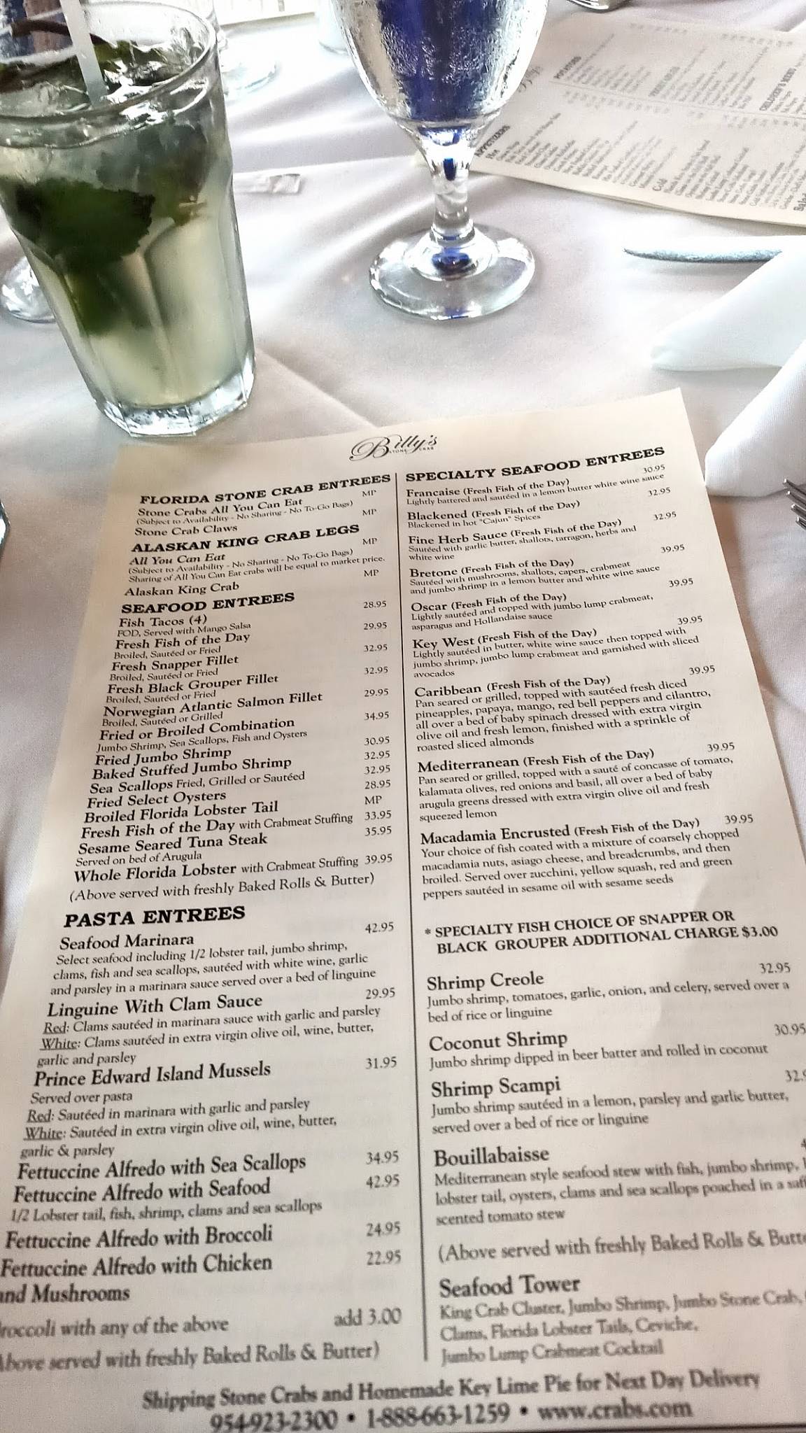 Menu at Billy's Stone Crab Restaurant, Hollywood