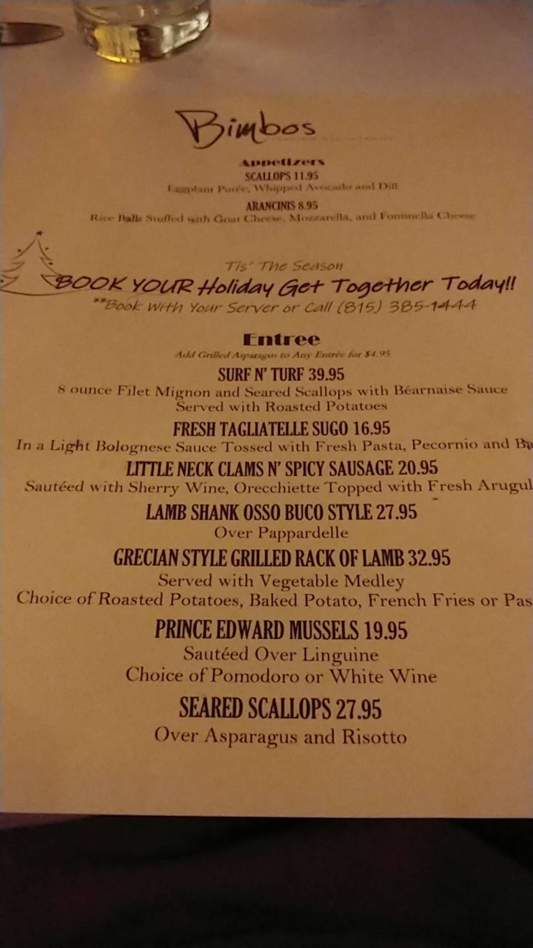Menu at Bimbo's Italian Restaurant, McHenry