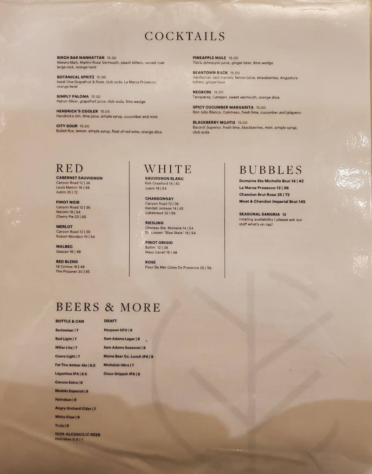 Menu at Birch Bar, Boston