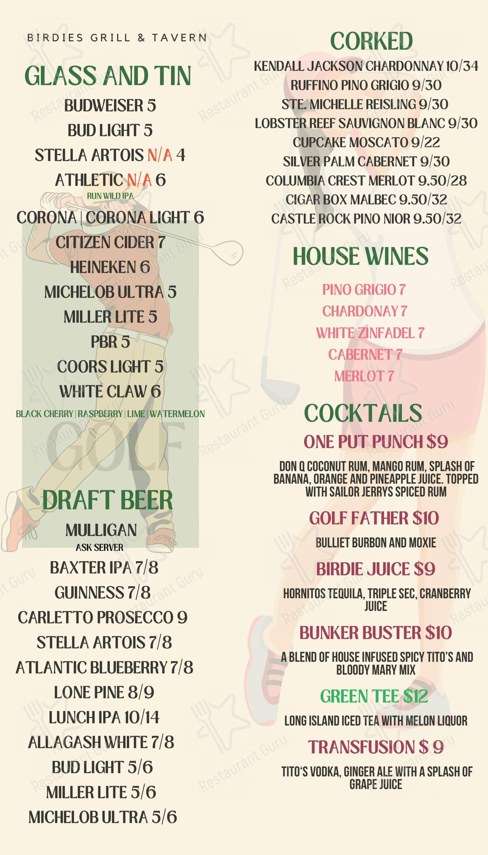 Menu at Birdies Grill & Tavern restaurant, Old Orchard Beach